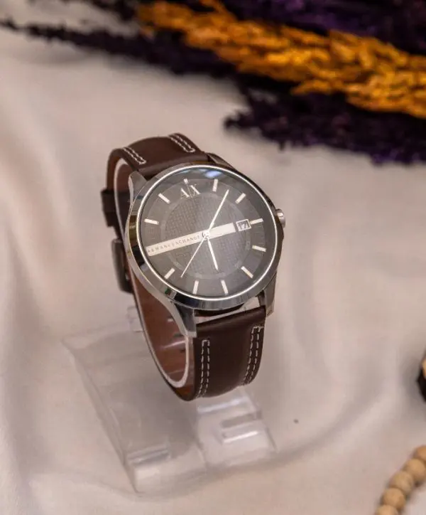 Armani Exchange Men’s Quartz Brown Leather Strap Black Dial 46mm Watch ...