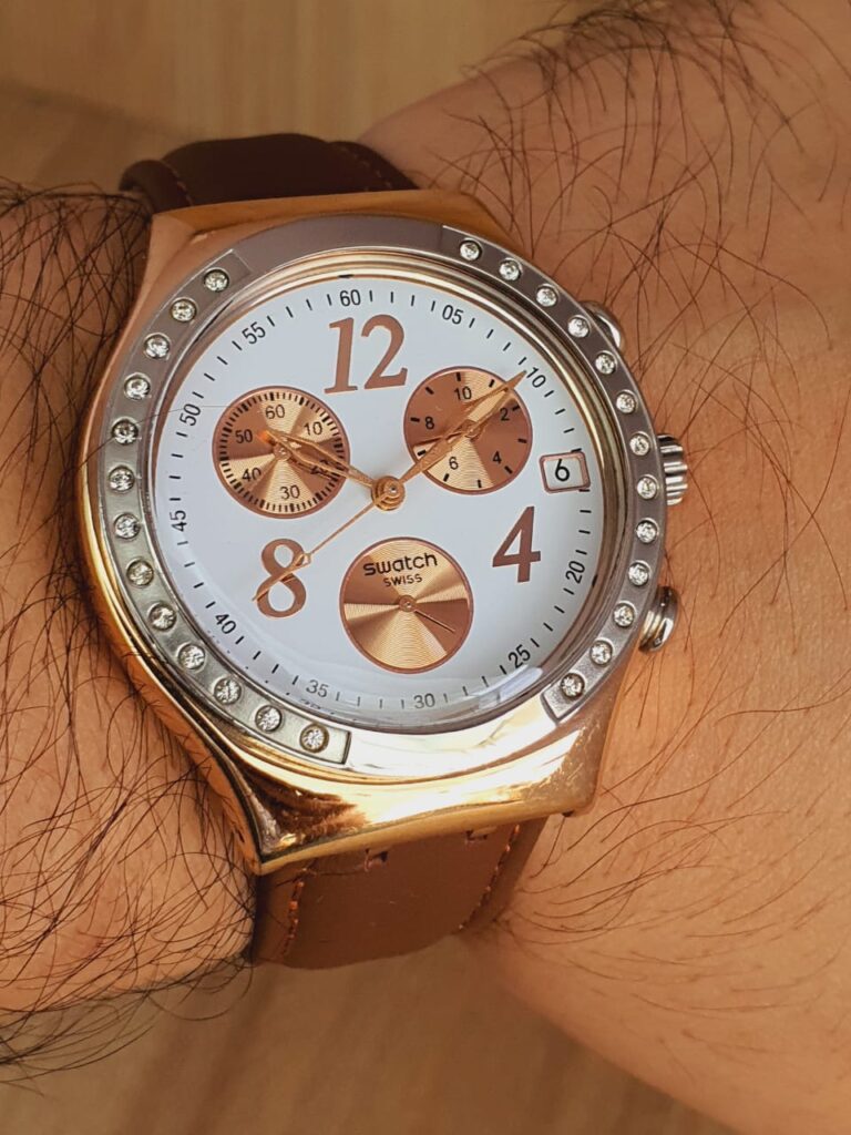 Swatch Men’s/Unisex Chronograph Swiss Made Rose Gold-Tone White Dial ...