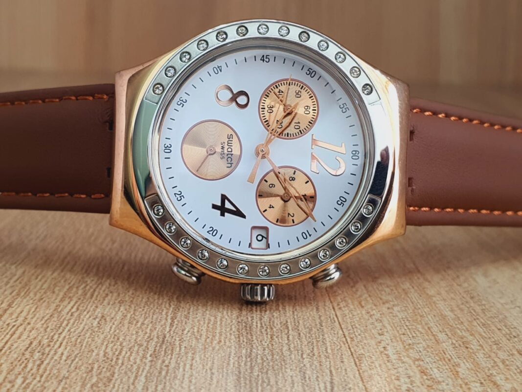 Swatch Men’s/Unisex Chronograph Swiss Made Rose Gold-Tone White Dial ...