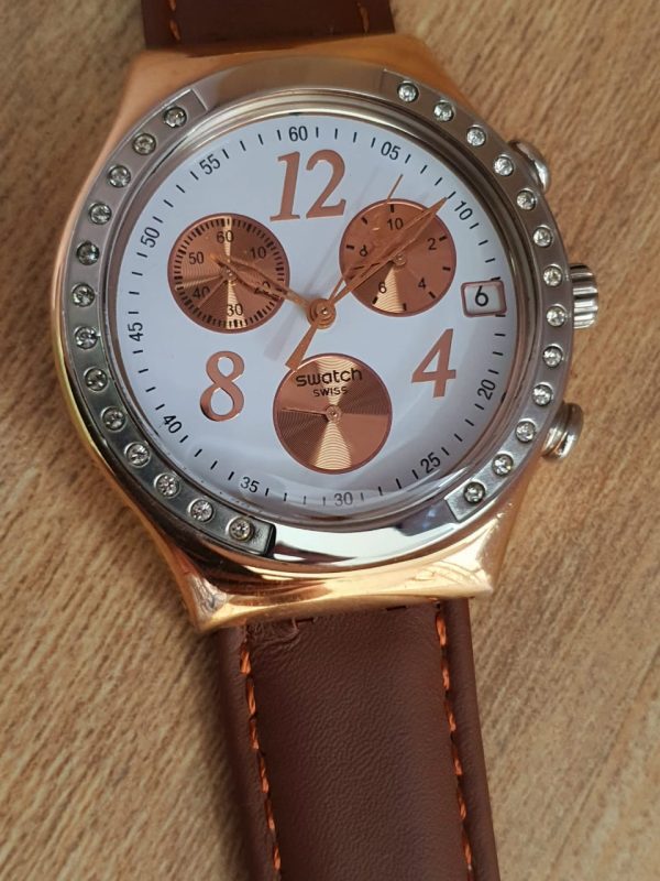 Swatch Men’s/Unisex Chronograph Swiss Made Rose Gold-Tone White Dial ...