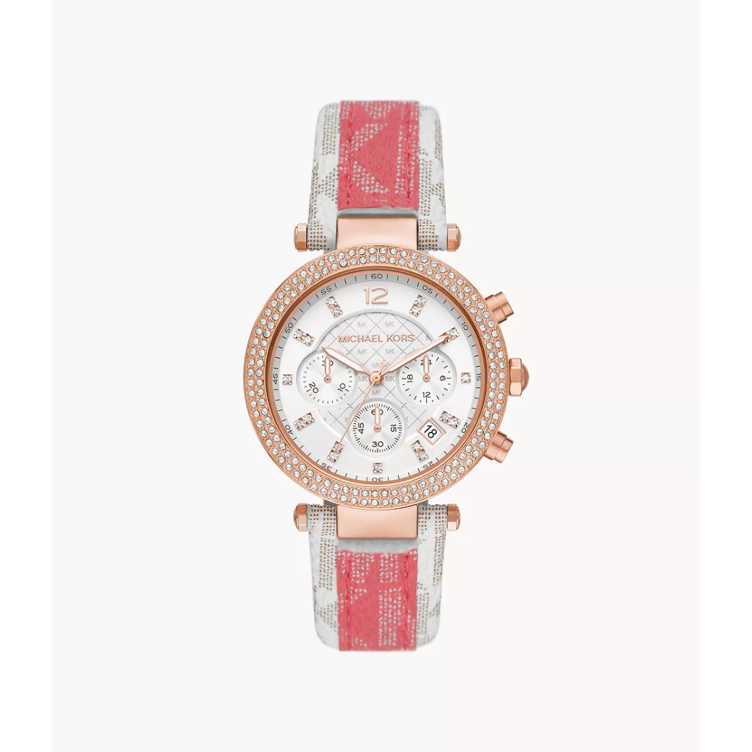 Michael Kors Women’s Chronograph Quartz Pink & White PVC Strap White ...